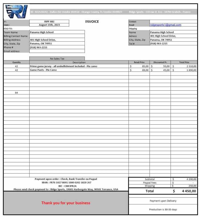 Invoice RIPF 882 - Ridge Sports